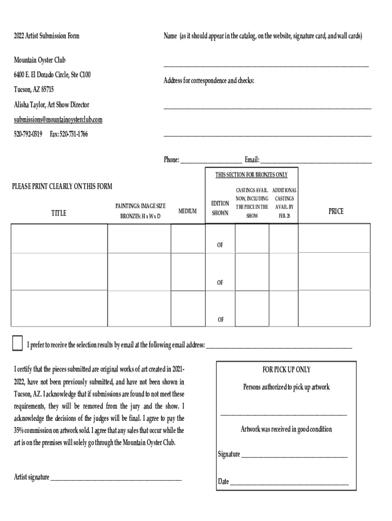 Fillable Online Artist submission form 2022 - Mountain Oyster Club Fax ...