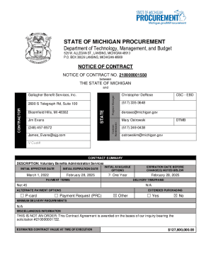 Fillable Online www.michigan.gov dtmb -Notice of Contract (Cover Page ...