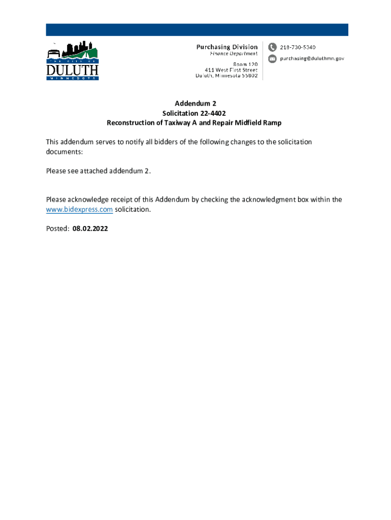 Fillable Online Addendum 2 Solicitation 22-4402 Reconstruction of Taxiway A and Repair ... Fax ...
