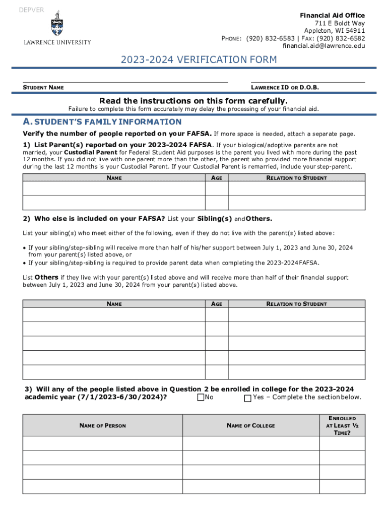 Fillable Online 2023-2024 VERIFICATION FORM - Lawrence University Fax ...