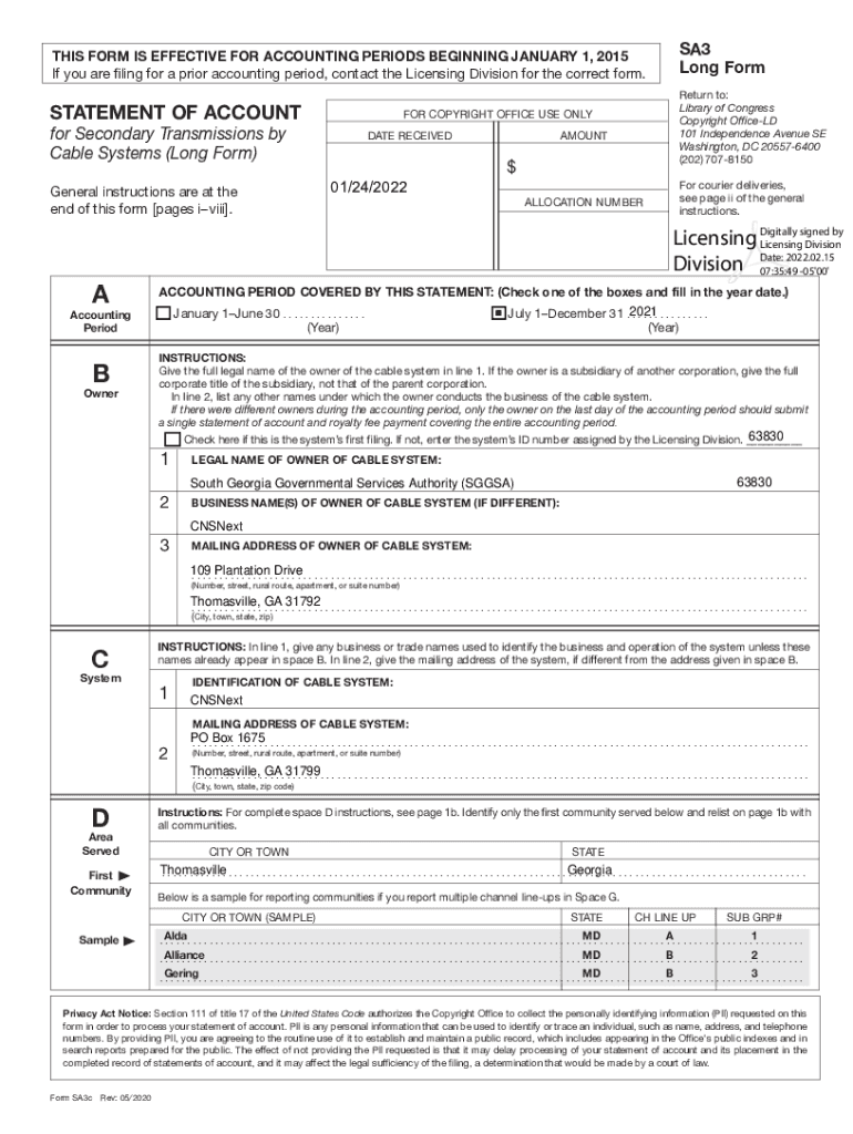 Fillable Online Section 111 - Statutory License for SecondaryCopyright ...