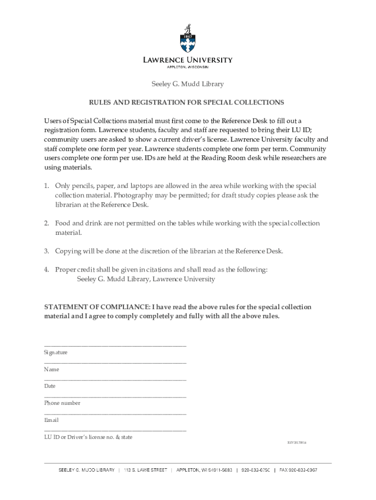 Fillable Online RULES AND REGISTRATION FOR SPECIAL COLLECTIONS - Lawrence University Fax Email ...