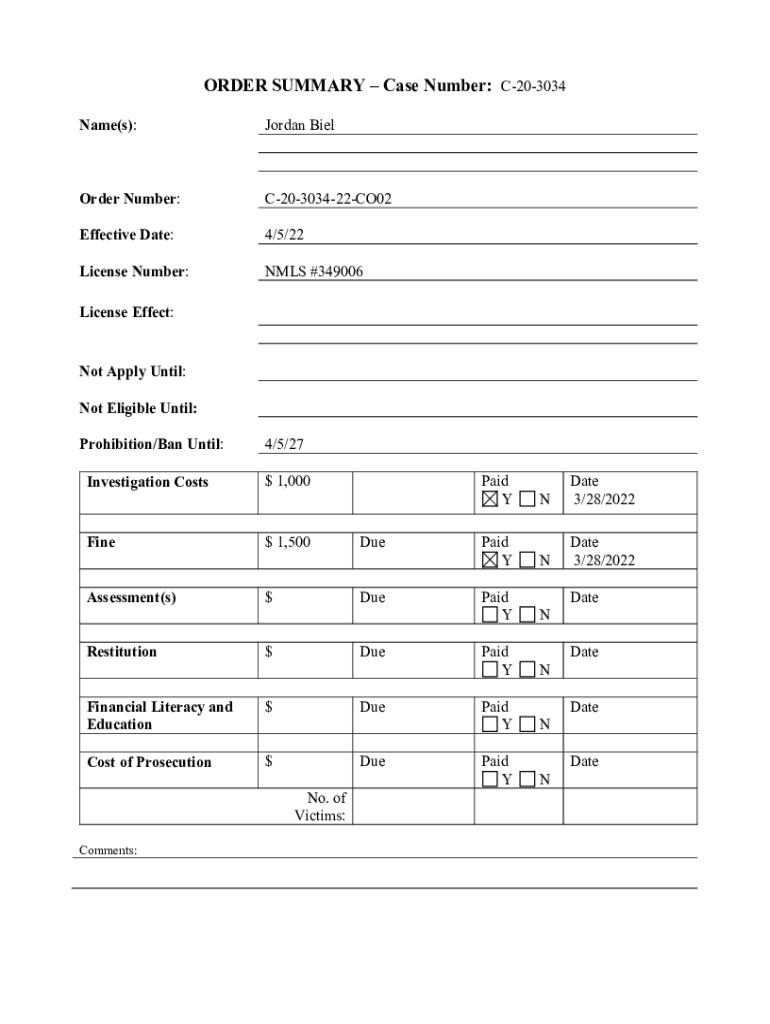 Fillable Online dfi wa Biel, Jordan Kendall - Consent Order with ...