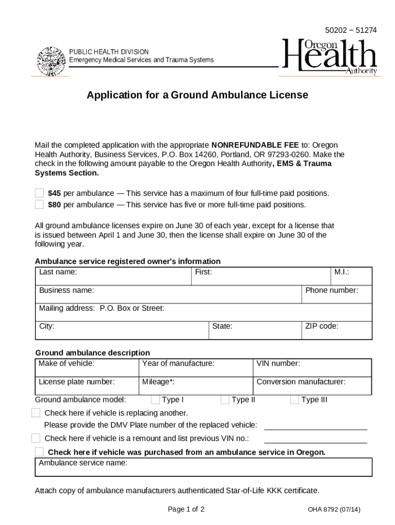 Application for a Ground Ambulance License OHA 8792 12/11. OHA 8792 ...