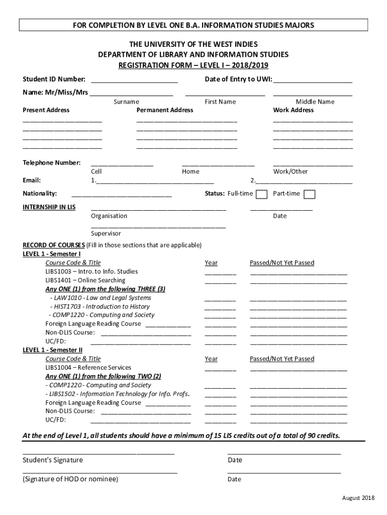 Fillable Online for completion by level one ba information studies majors Fax Email Print ...