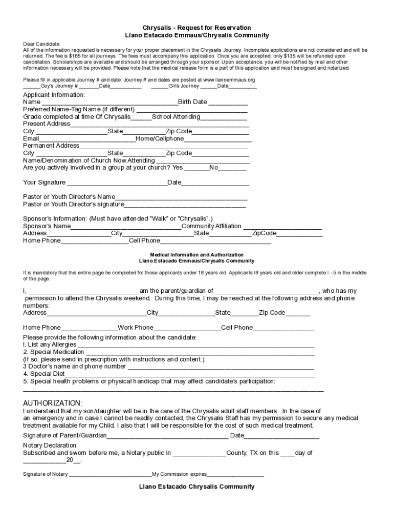 Fillable Online Chrysalis - Request for Reservation Llano Estacado Emmaus/Chrysalis ... Fax ...