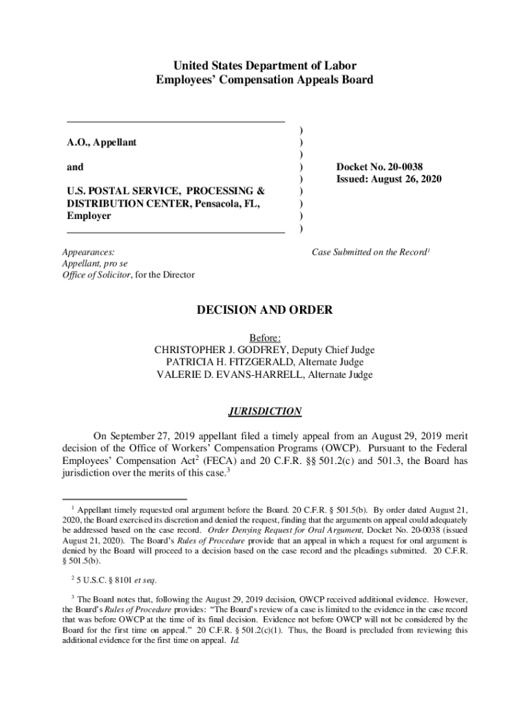 Fillable Online 20-0038: A.O. and U.S. POSTAL SERVICE, PROCESSING... Fax Email Print - pdfFiller