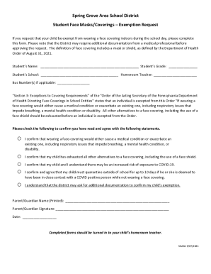 Fillable Online Student Face Masks/Coverings Exemption Request Form Fax ...