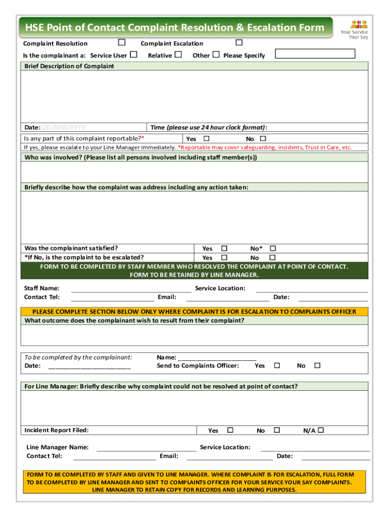 Fillable Online www.hse.ieengaboutHSE Point of Contact Complaint ...