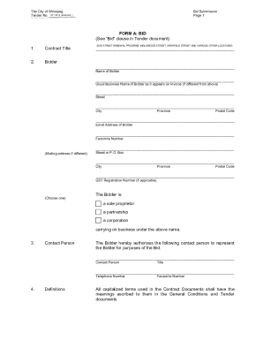 Fillable Online FORM A: BID (See Bid clause in Tender document) 1 ...