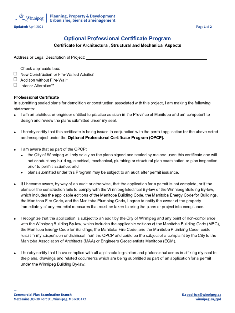 Fillable Online Optional Professional Certificate Program (OPCP ...