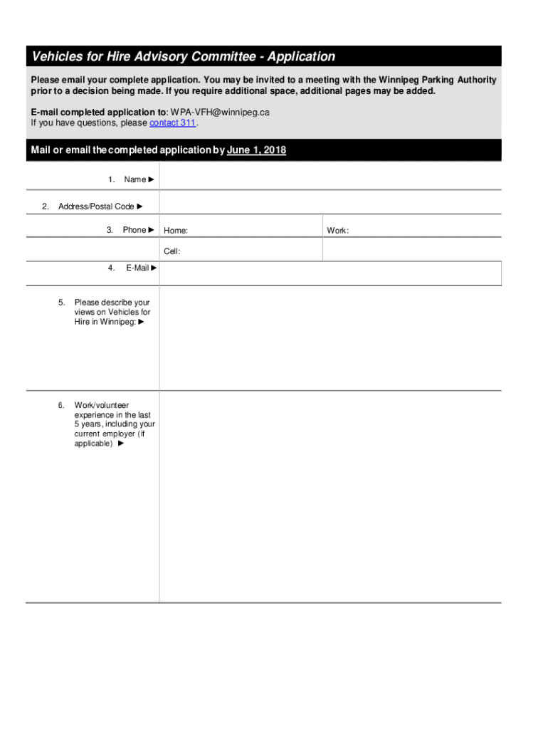 Fillable Online Vehicles for Hire Advisory Committee Application Form ...