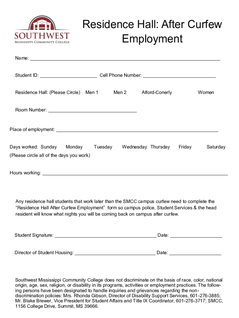 Fillable Online Residence Hall: After Curfew Employment Fax Email Print ...