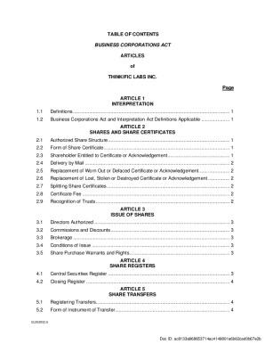 Fillable Online TABLE OF CONTENTS BUSINESS CORPORATIONS ACT ... Fax ...