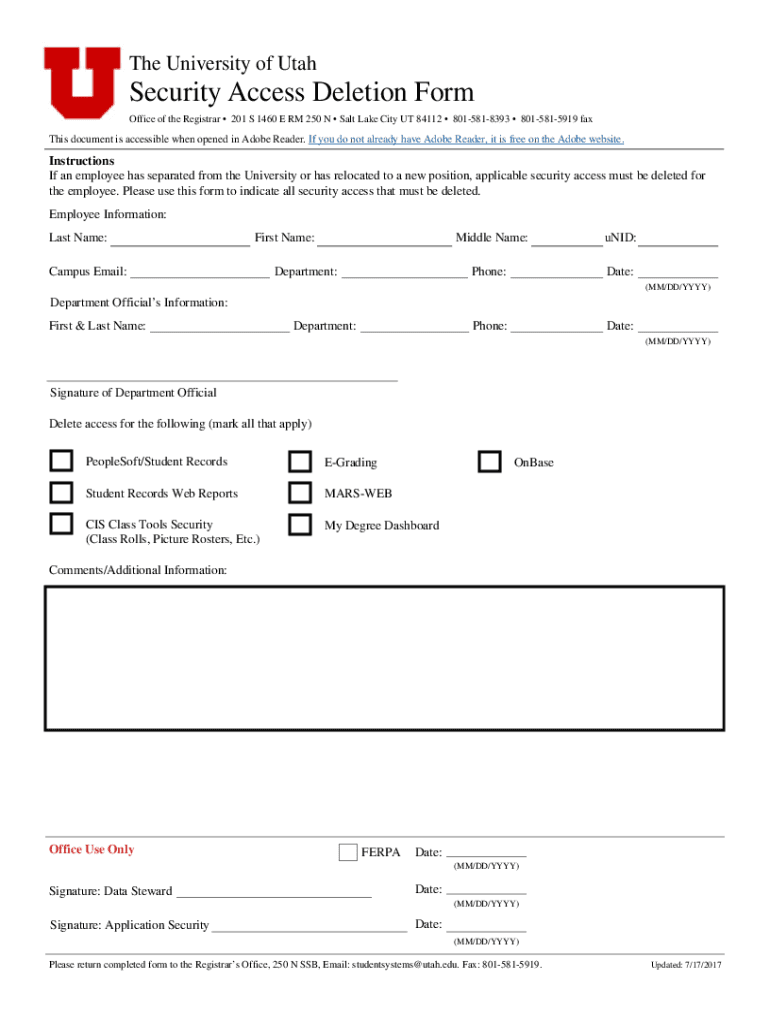 Fillable Online registrar utah The University of Utah - Security Access ...