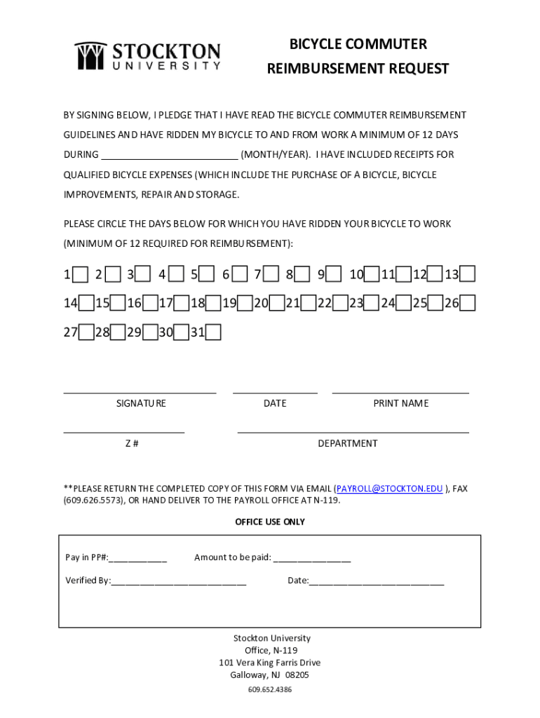 Fillable Online Bicycle Commuter Reimbursement Form - Stockton University Fax Email Print ...