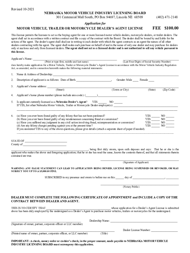Fillable Online mvdealerbd nebraska NEBRASKA MOTOR VEHICLE INDUSTRY ...