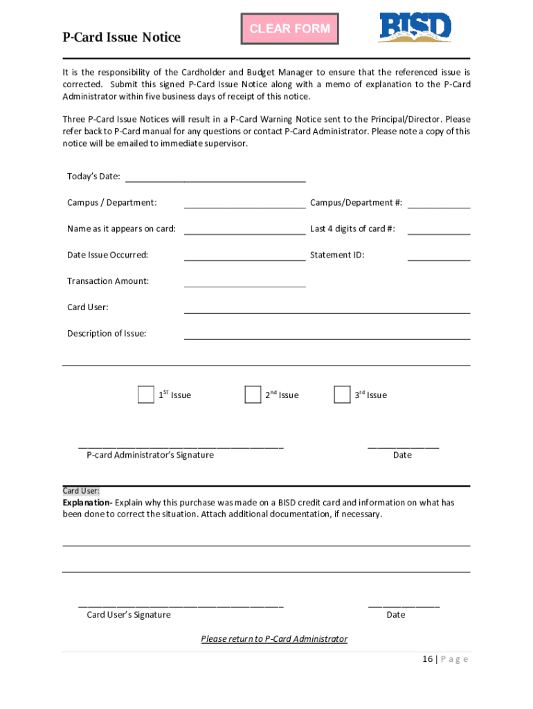 Fillable Online P-Card Issue Notice CLEAR FORM Fax Email Print - pdfFiller