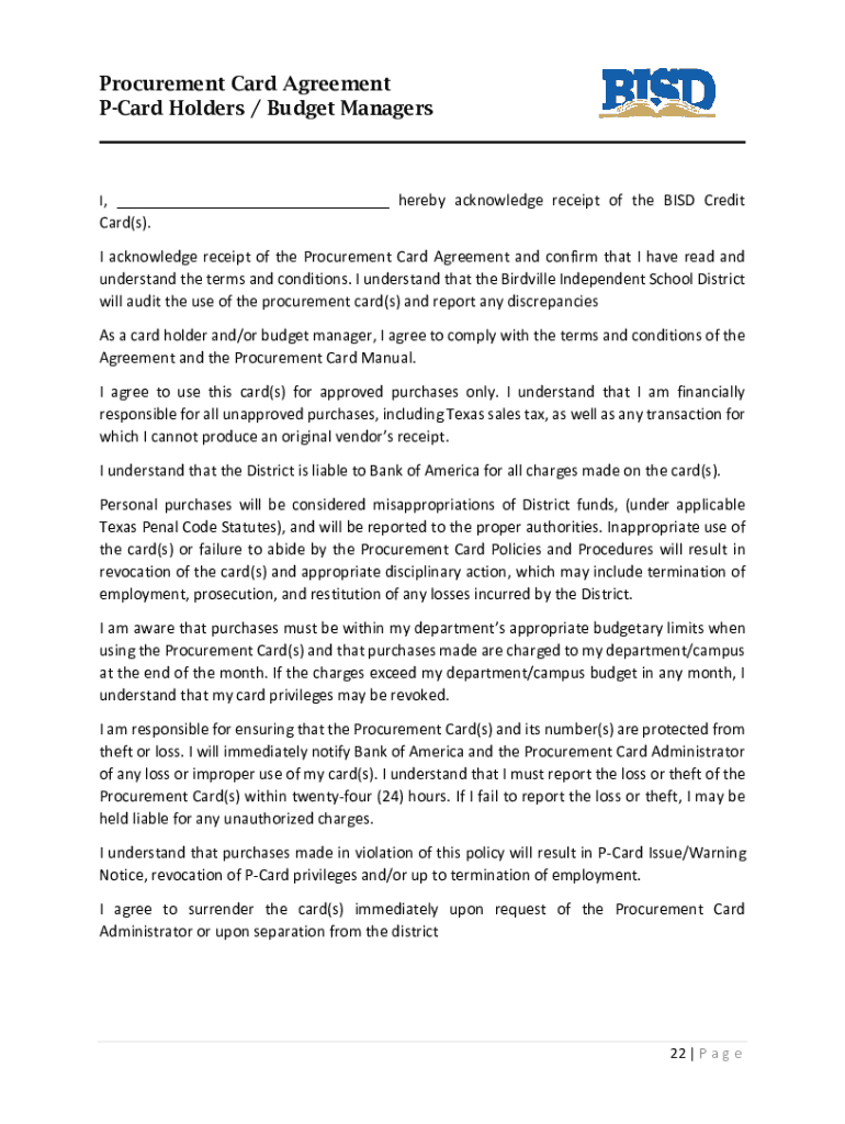 Fillable Online Procurement Card Agreement P-Card Holders / Budget ...