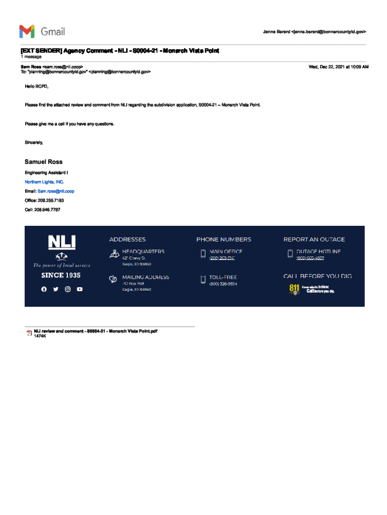 Fillable Online Bonner County Mail - EXT SENDER Agenc...- NLI - S0004-21 - Monarch Vista Point ...