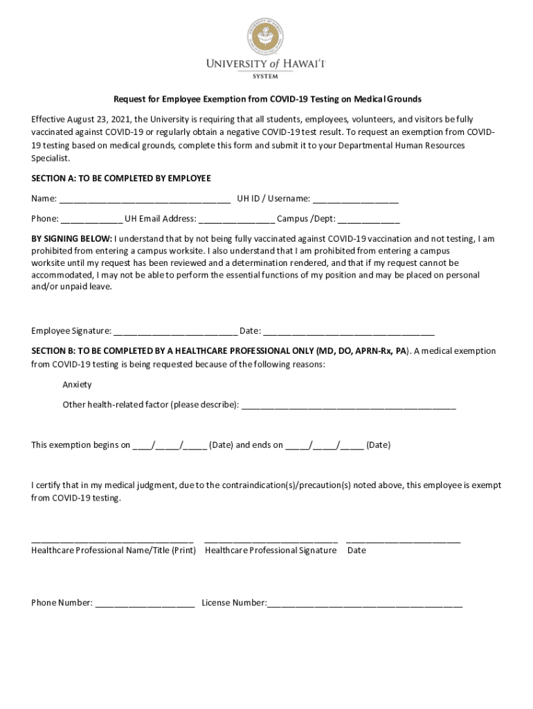 Fillable Online Request for Employee Exemption from COVID-19 Testing on ...