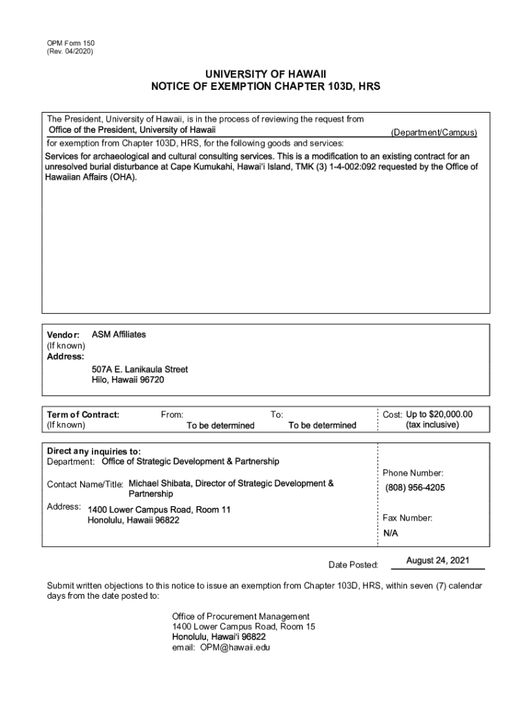 Fillable Online 3 - OPM-Form-150-Notice-of-Exemption-from-Chapter-103D ...