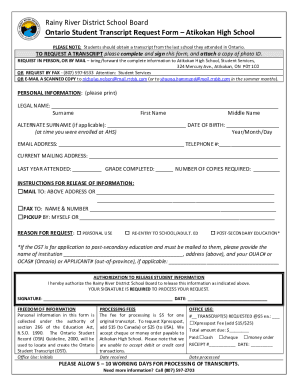 Fillable Online Rainy River District School Board Ontario Student ...