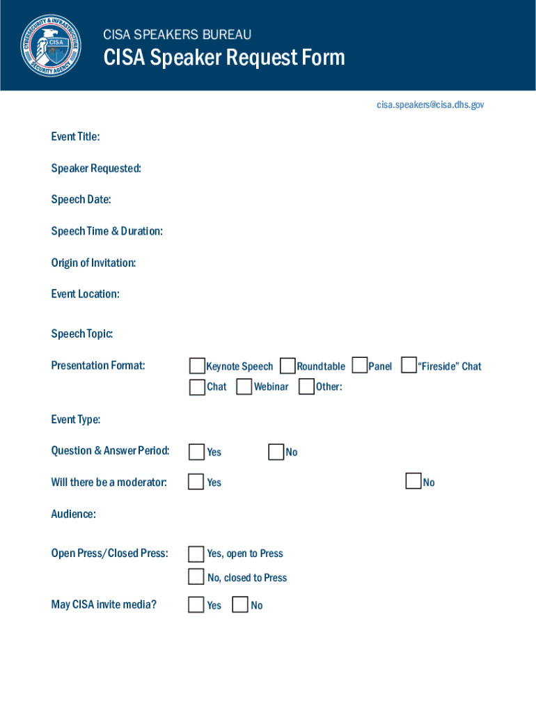 Fillable Online CISA Speaker Request Form. Speaker Request Fax Email ...