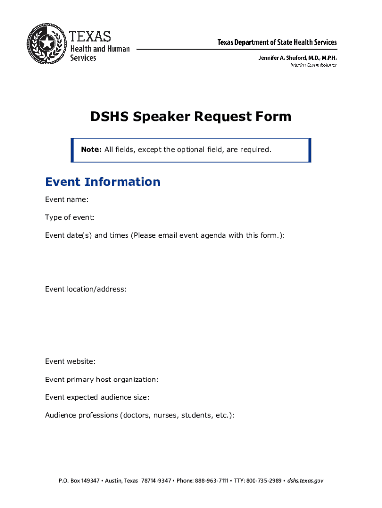 Fillable Online dshs texas Texas Dshs Speaker Request Form Download ...