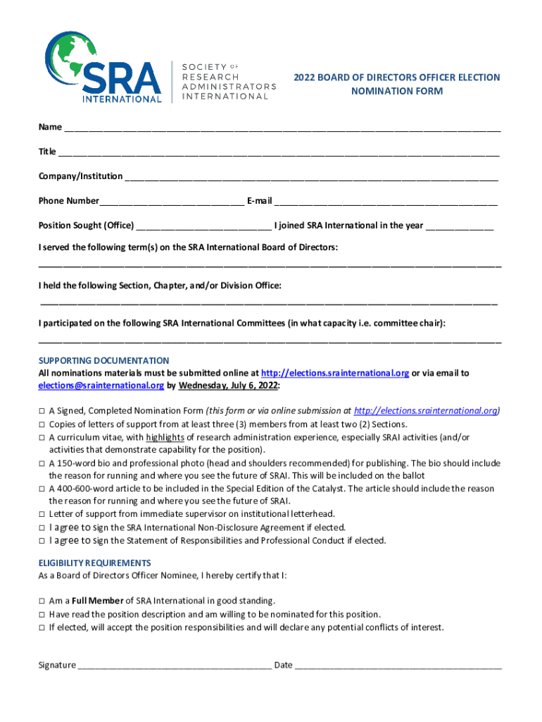 Fillable Online 2022 Board Officer Nomination Form-Self Nomination Fax ...