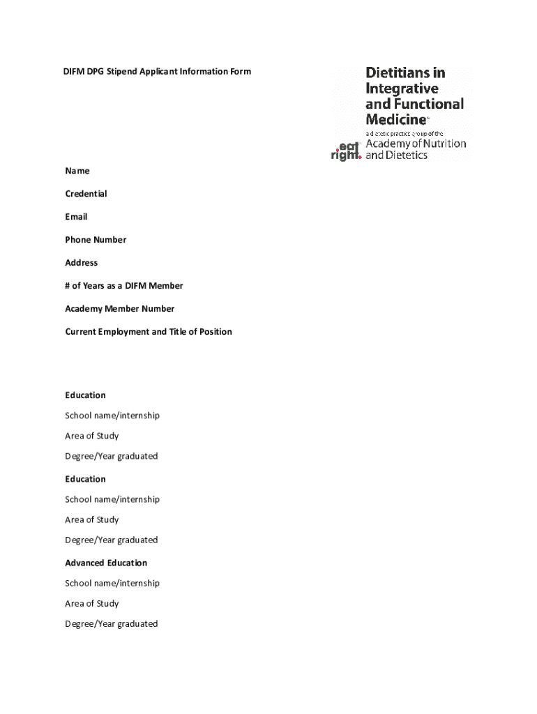 Fillable Online DIFM DPG Stipend Applicant Information Form Fax Email ...