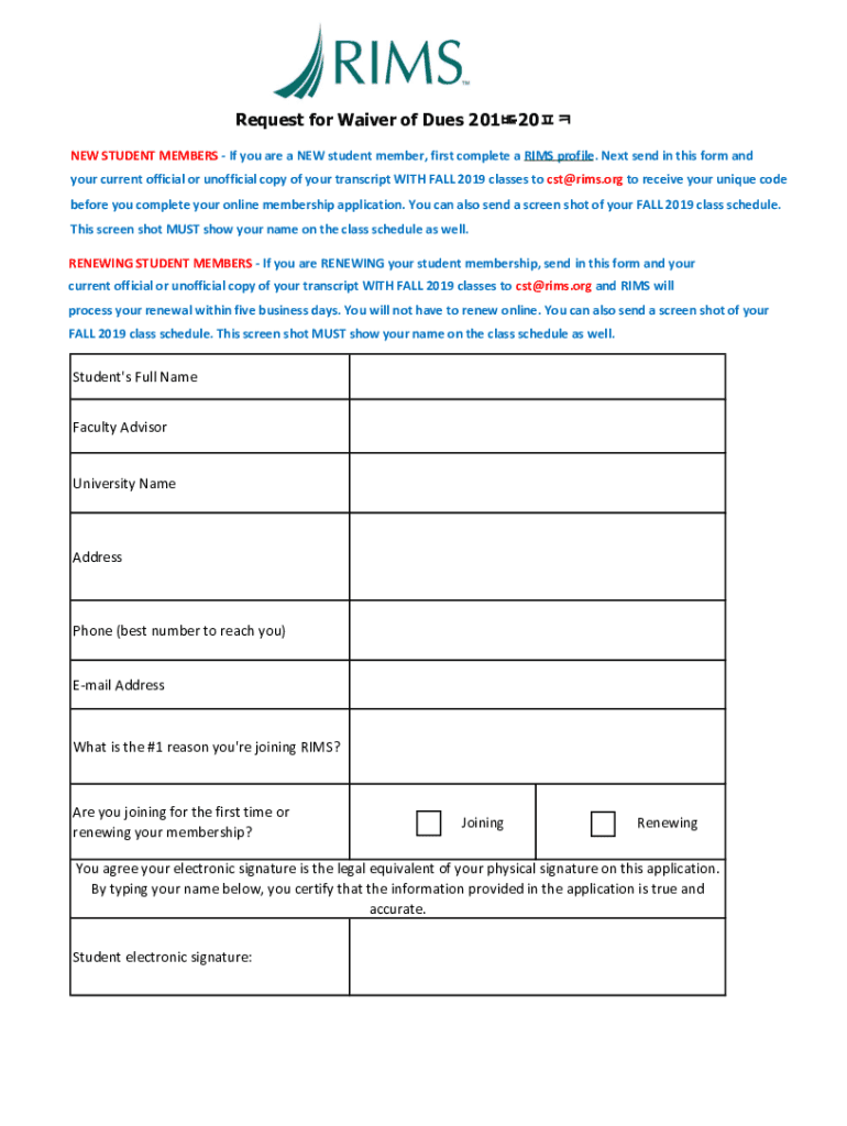 Fillable Online Request for Waiver of Dues 201 -20 - online donation ...