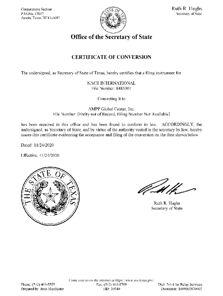 Fillable Online AMPP Global Center - Texas Certificate of Conversion ...