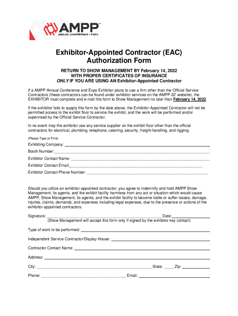 Fillable Online Exhibitor Appointed Contractor (EAC) Agreement 1 2 3 ...