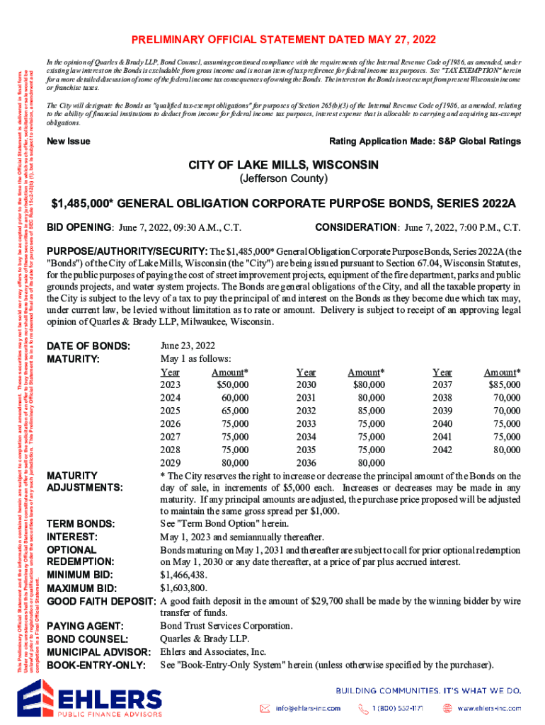Fillable Online Preliminary Official Statement 9-9-2010 Fax Email Print ...