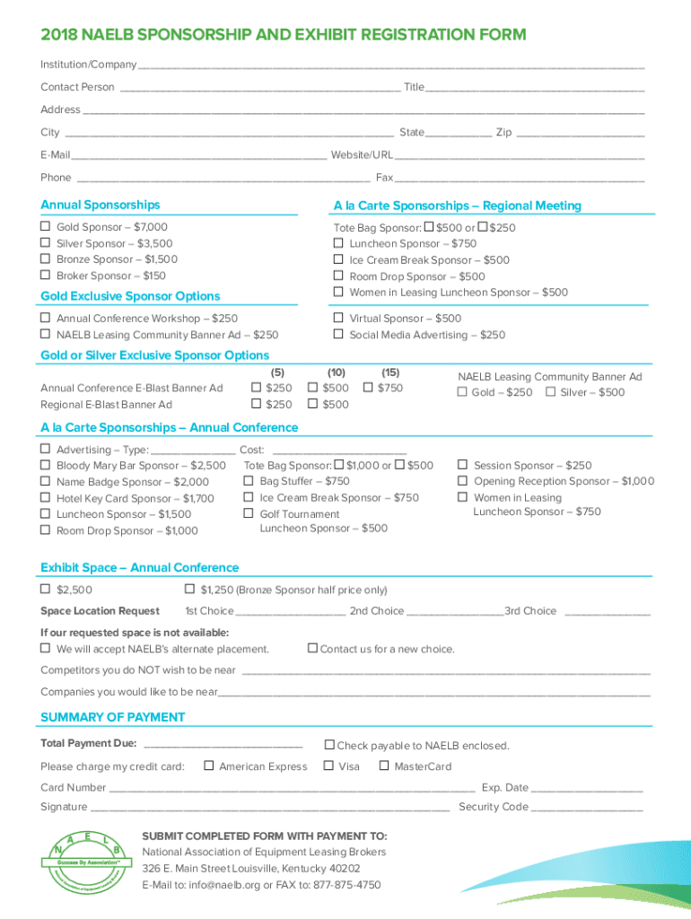 Fillable Online 2018 NAELB SPONSORSHIP AND EXHIBIT REGISTRATION FORM ...