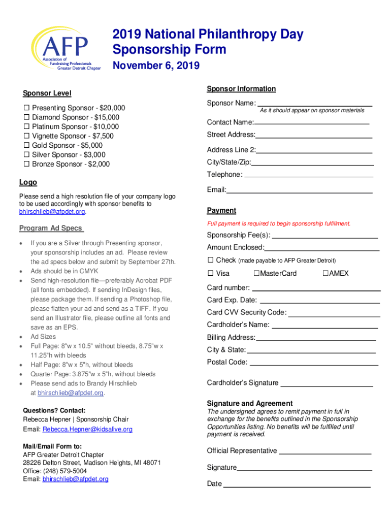Fillable Online 2019 National Philanthropy Day Sponsorship Form Fax Email Print - pdfFiller