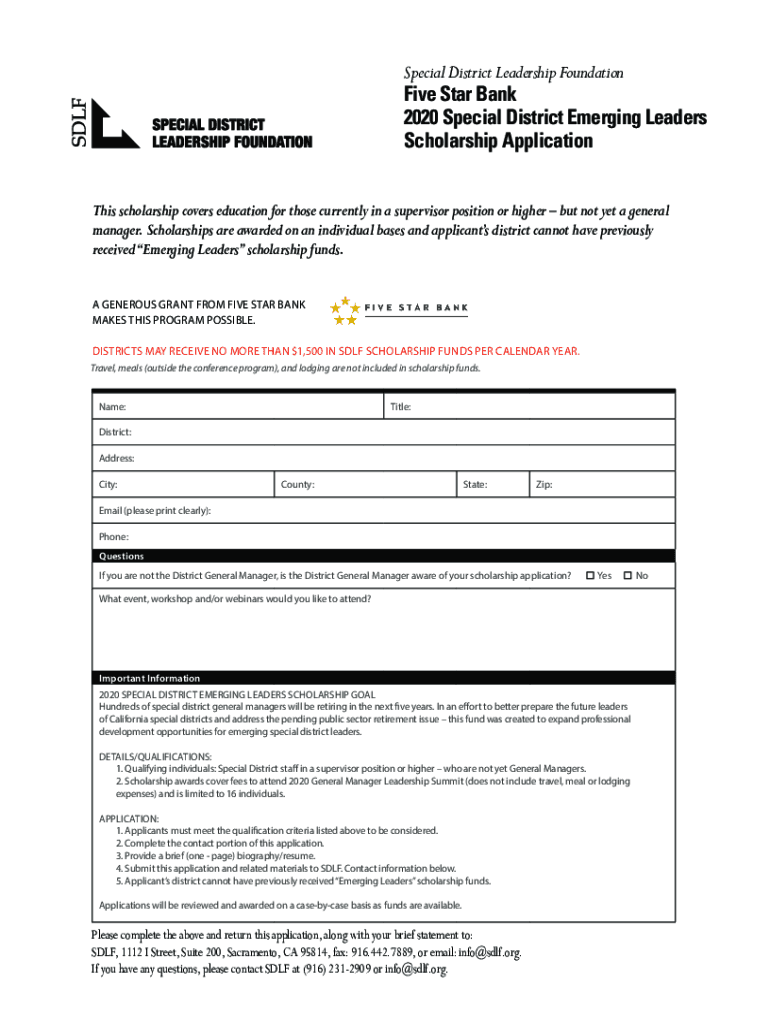 Fillable Online Five Star Bank 2020 Special District Emerging Leaders ...