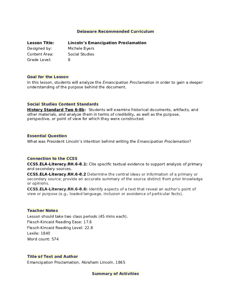 Lesson Title:Lincoln's Emancipation Proclamation Doc Template | pdfFiller