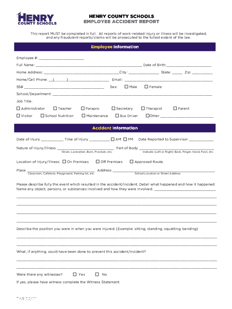 Fillable Online schoolwires henry k12 ga Incident Report Form - Henry ...