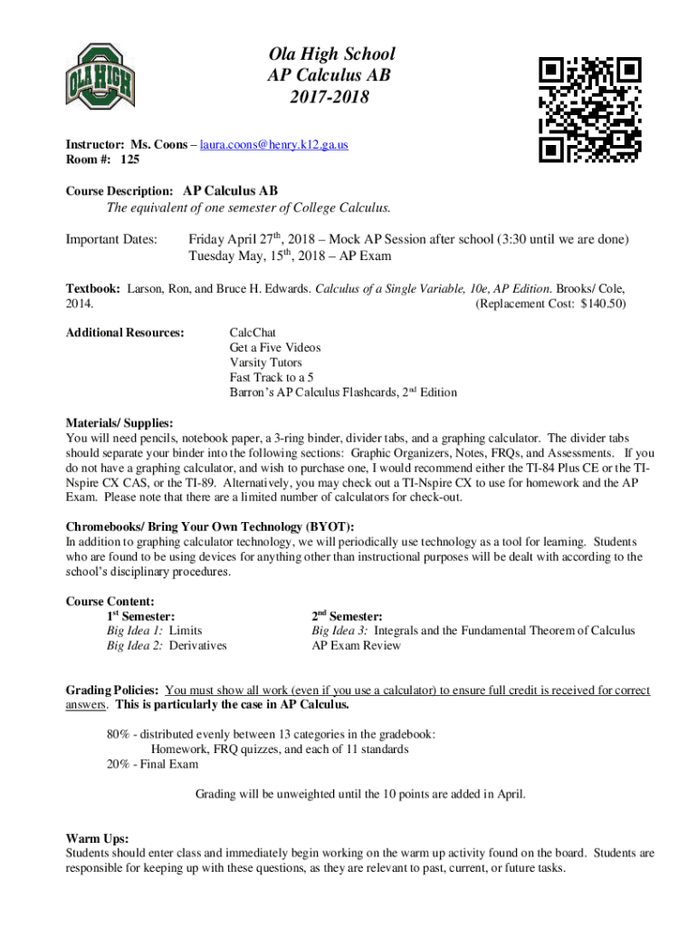 Fillable Online schoolwires henry k12 ga Ola High School AP Calculus AB 2017-2018 Fax Email ...
