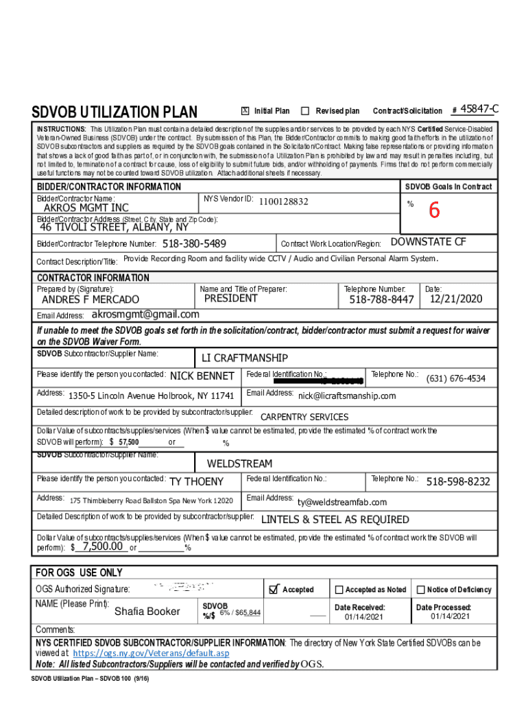 Fillable Online online.ogs.ny.gov DNC MWBEUtilizationPlansSDVOB 100 Utilization Plan ...
