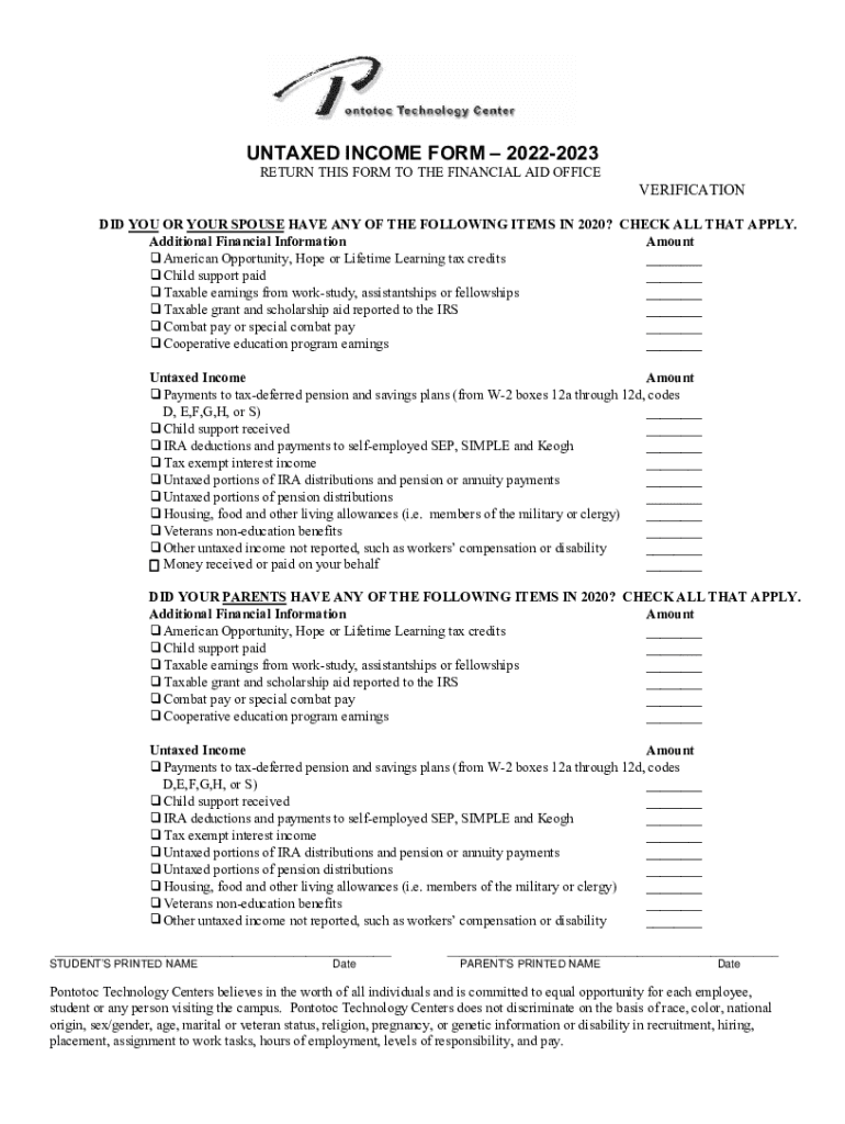 Fillable Online 2022-2023 Untaxed Income Form - Great Falls College ...