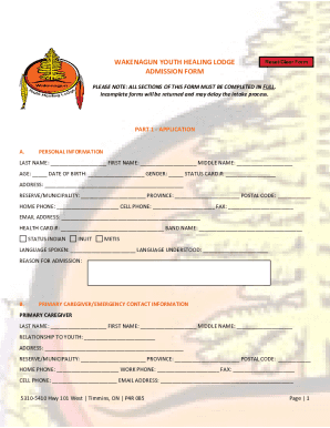 Fillable Online WAKENAGUN YOUTH HEALING LODGE ADMISSION FORM Fax Email ...