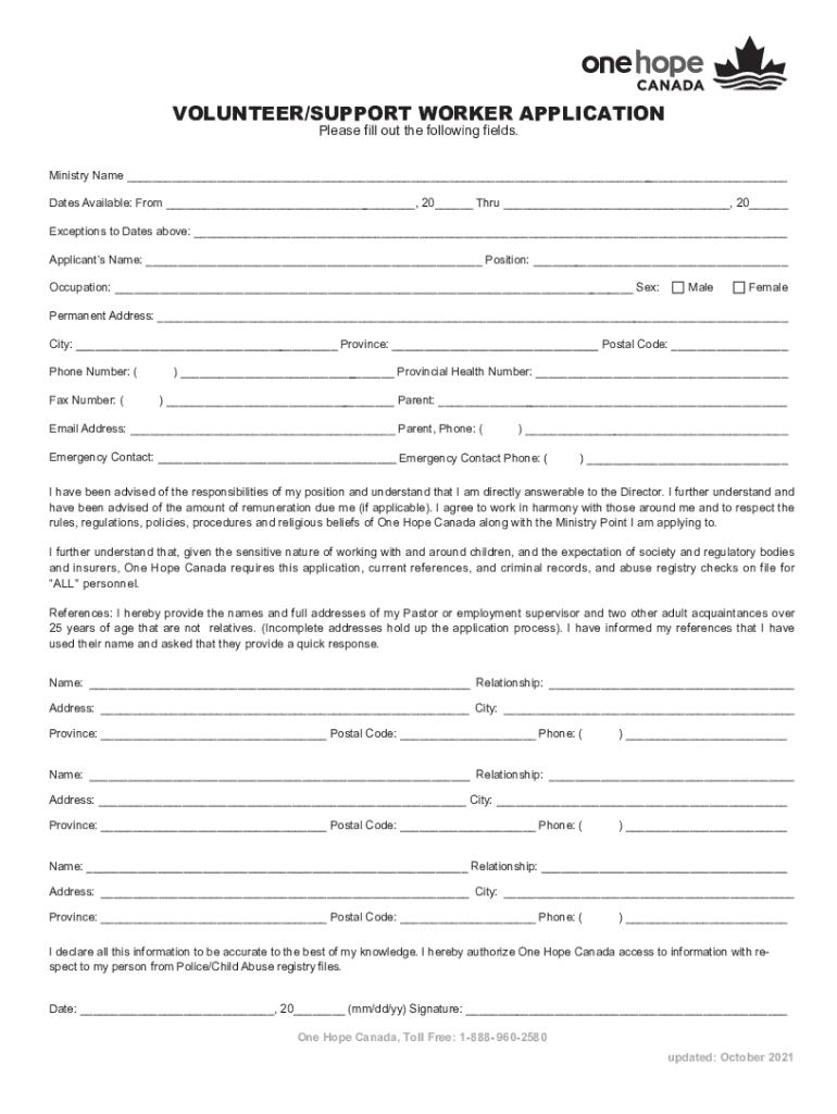 Fillable Online VOLUNTEER/SUPPORT WORKER APPLICATION Fax Email Print ...