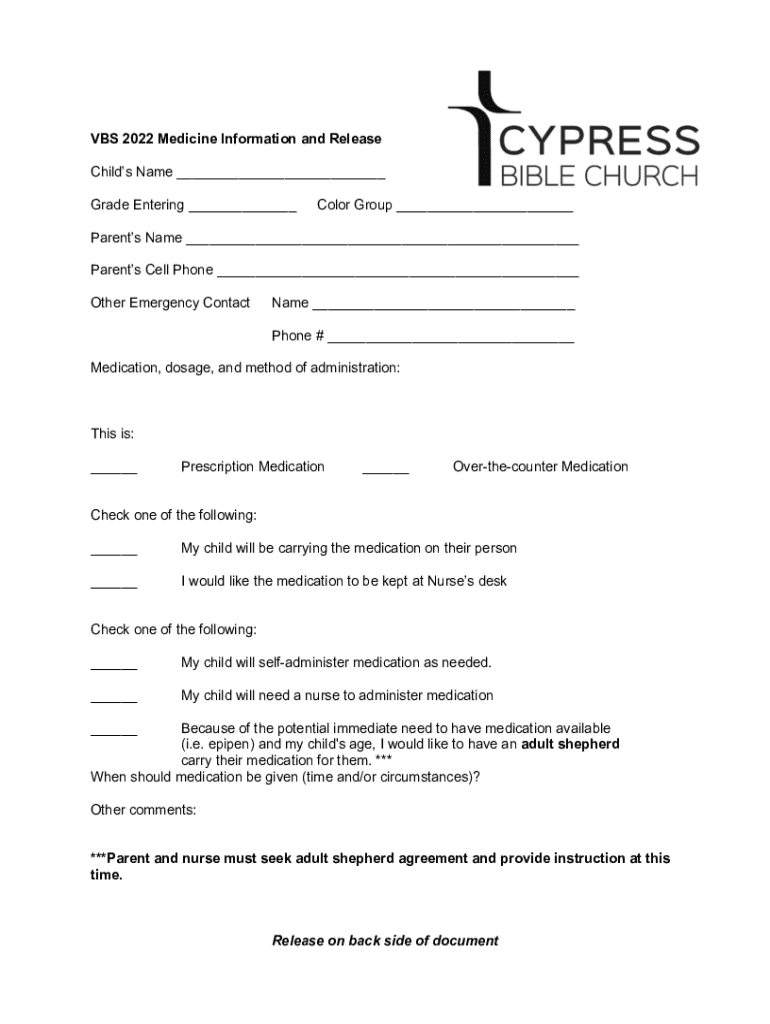 Fillable Online VBS Parent Consent/Medical Release Form - Clover ...