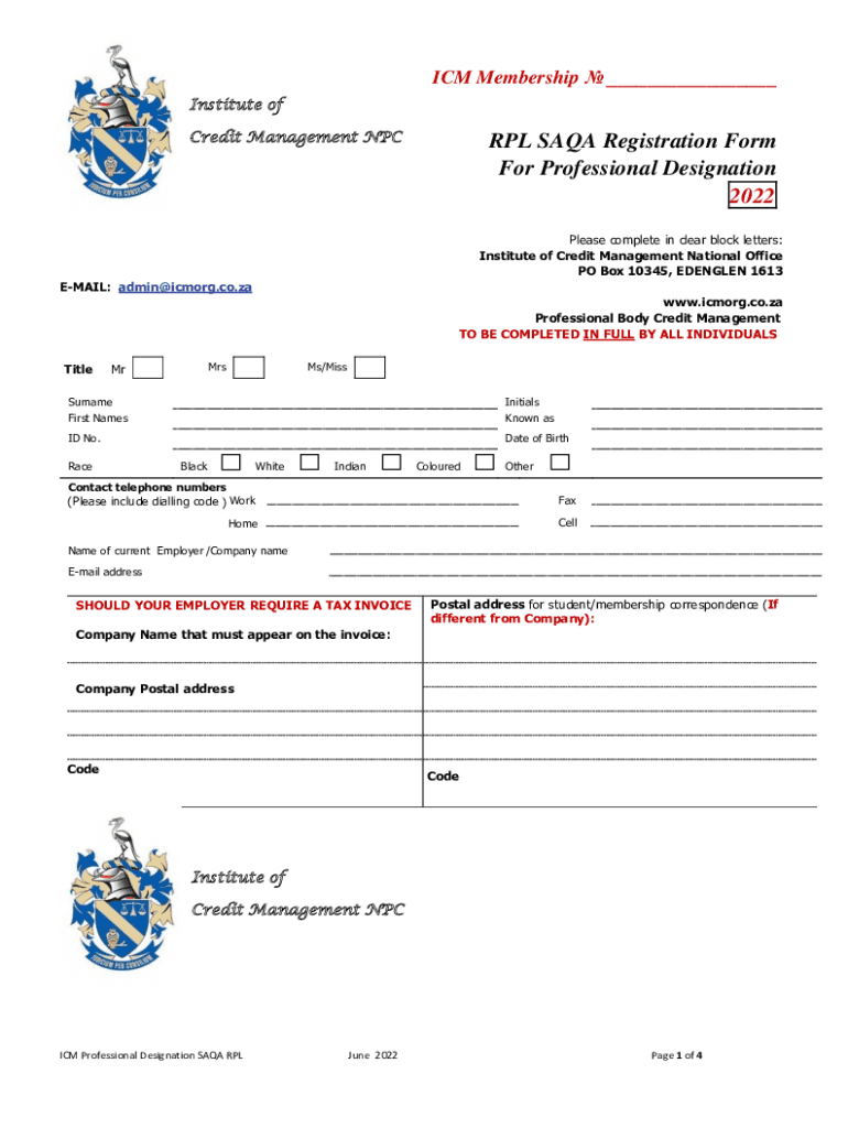 Fillable Online RPL SAQA Registration Form For Professional Designation ...