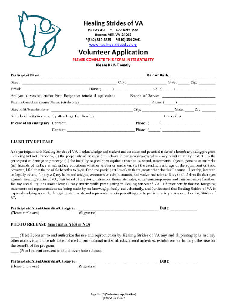Fillable Online Volunteer Application - Healing Strides of VA - Webflow Fax Email Print - pdfFiller