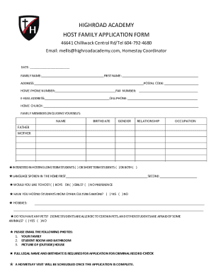 Fillable Online HIGHROAD ACADEMY HOST FAMILY APPLICATION FORM Fax Email ...