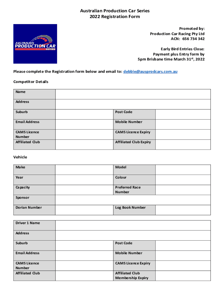 Fillable Online Australian Production Car Series 2022 Registration Form ...